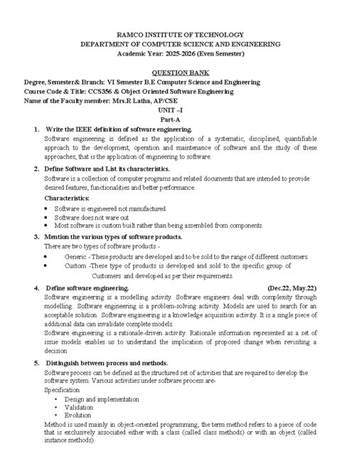 Ccs356 Object Oriented Software Engineering Unit 1 Question Bank