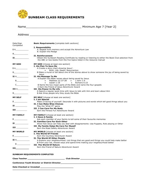 Sunbeam Class Requirements Checklist
