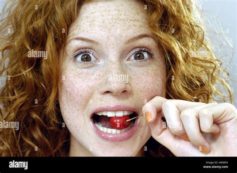 Woman Cherry Nibble Facial Play Caught Portrait Womens Portrait