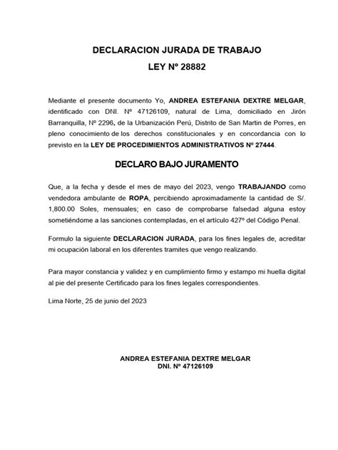 Modelo De Declaracion Jurada De Trabajo