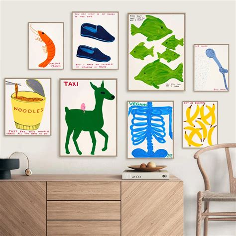 David Shrigley 물고기 바나나 새우 해골 벽 아트 캔버스 그림 북유럽 포스터 및 인쇄 벽 그림 거실 장식 Aliexpress