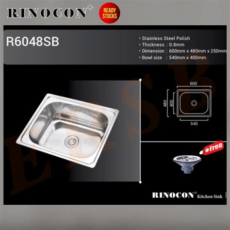 Stainless Steel Single Bowl Kitchen Sink Rinocon R6048sb Shopee Malaysia