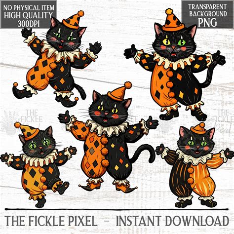 Retro Halloween Black Cat Clown Png Bundle 5 Vintage 1950s Clipart