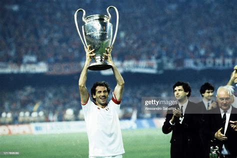 Franco Baresi Of Ac Milan Lifts The Trophy After Winnigns During The