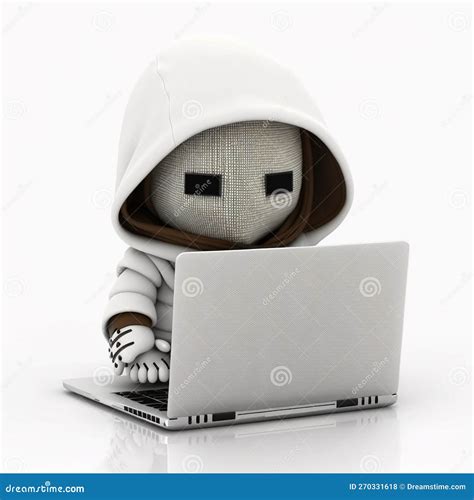 Cute Anonymous Hacker With White Hoodie Typing Computer Laptop Concept