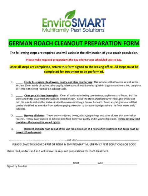 Fillable Online German Roach Cleanout Preparation Form Fax Email Print