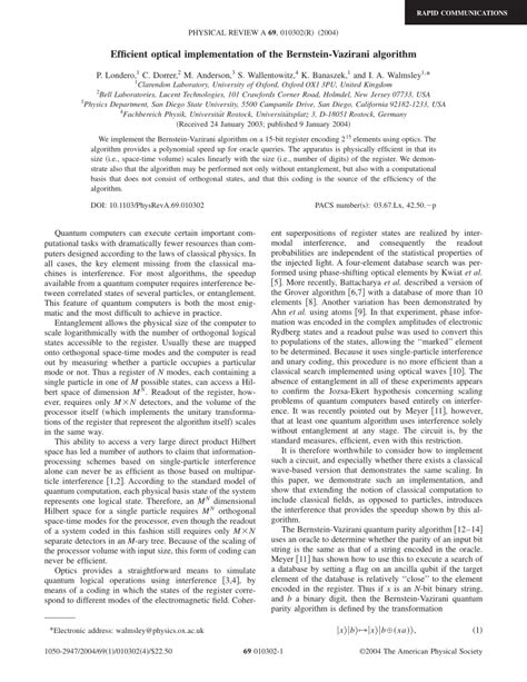 Pdf Efficient Optical Implementation Of The Bernstein Vazirani Algorithm