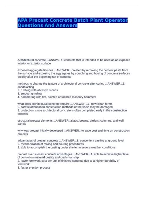 Apa Precast Concrete Batch Plant Operator Questions And Answers Plant