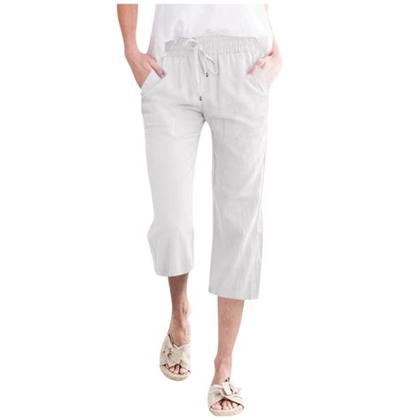 Capri Pants For Women High Waisted Relaxed Fit Elastic Knit Waist