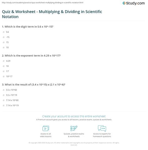 Quiz And Worksheet Multiplying And Dividing In Scientific Notation