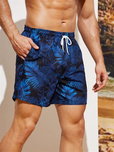 Men Tropical Print Drawstring Waist Swim Trunks Mens Swimwear Swim