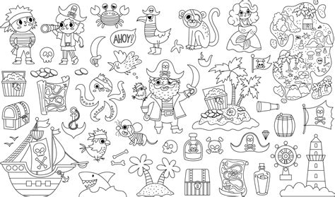 Vector Black And White Pirate Set Cute Line Sea Adventures Icons
