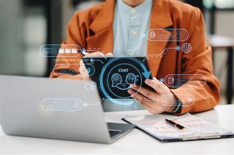 Premium Photo Man Using Chatbot In Computer And Tablet Smart Intelligence Aichat With Ai