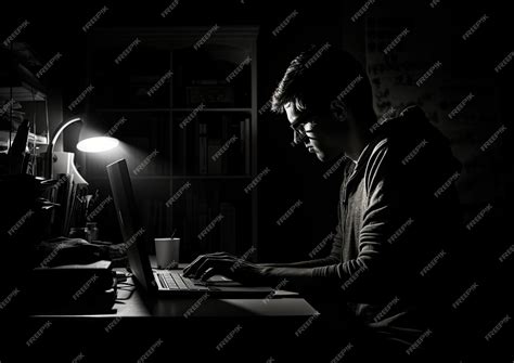 A Black And White Image Of A Programmer Sitting Alone In A Dimly Lit