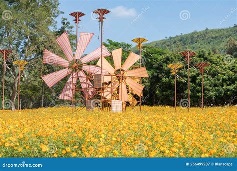 Thai Fabric Windmill And Kite On Yellow Kibana Cosmos Garden Stock
