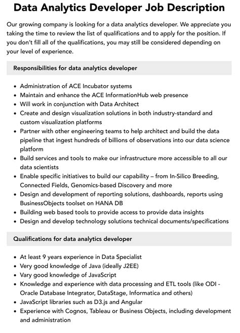Data Analytics Developer Job Description Velvet Jobs