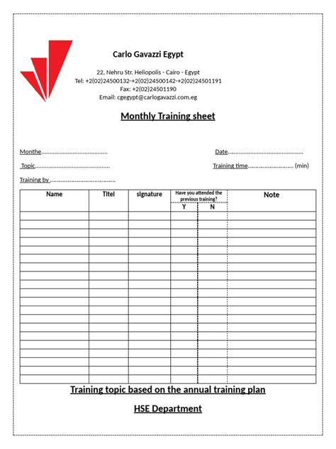 Monthly Training Sheet Pdf