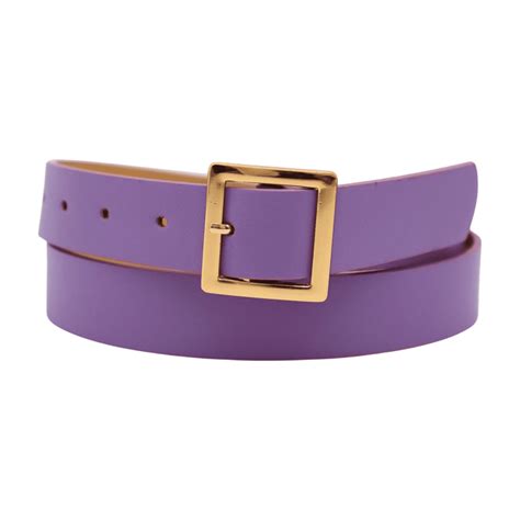 Women Lavender Color Faux Leather Skinny Belt Gold Metal Square Buckle