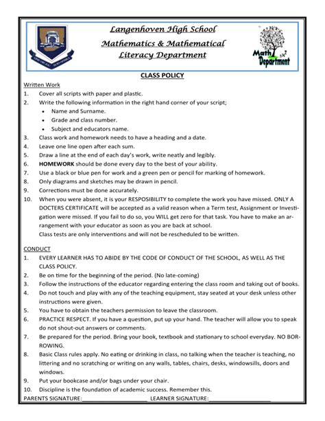 Langenhoven High School Math Class Policy