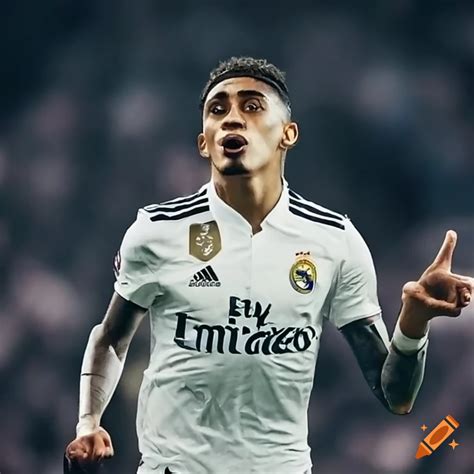 Raphinha Brazilian Soccer Player Celebrating A Goal With Real Madrid Team On Craiyon