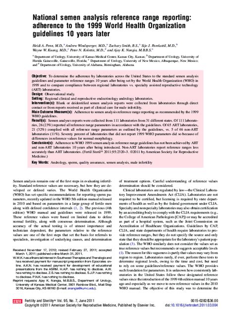Pdf National Semen Analysis Reference Range Reporting Adherence To The 1999 World Health