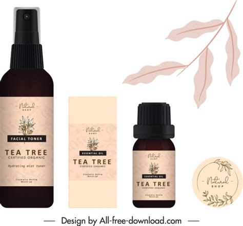 Cosmetic Label Template Tea Tree Sketch Elegant Classic Vectors Graphic