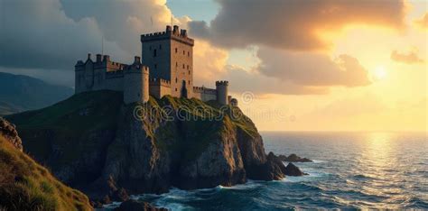 Dramatic Cliffside Castle Bathed In Golden Hour Sunlight A Formidable
