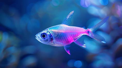 A Beautiful Iridescent Fish Swims In A Blue Water The Fish Has A Long