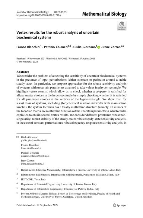 Pdf Vertex Results For The Robust Analysis Of Uncertain Biochemical
