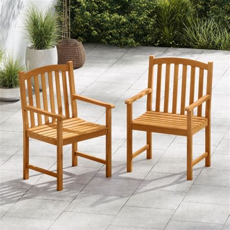 Solid Acacia Wood Patio Chairs Set Of 2 With Slatted Seat And Inclined