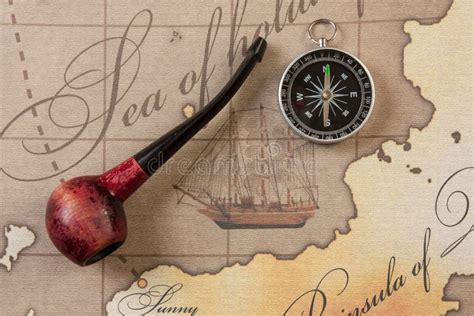 Tobacco Pipe And Compass On Map Stock Image Image Of Brier Compass
