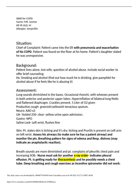 Situation Sbar For Copd Name Mr Gomez 68 Yr Old M Allergies