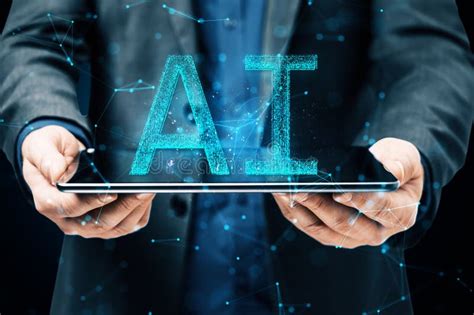 Businessman Holding Tablet With Glowing Ai Hologram Text And Digital Cyberspace Network
