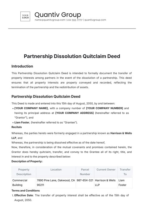 Free Partnership Dissolution Quitclaim Deed Template To Edit Online