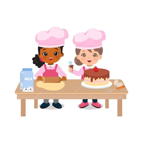 Chicas Lindas Haciendo Un Pastel En Una Mesa Diseño De Dibujos Animados