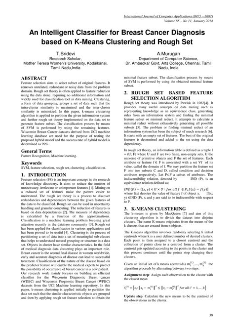 Pdf An Intelligent Classifier For Breast Cancer Diagnosis Based On K Means Clustering And