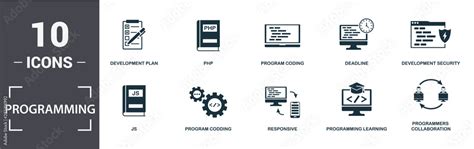 Programmer Icon Set Contain Filled Flat Development Plan Programming Learning Js Laptop