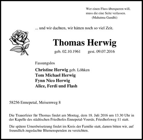 Traueranzeigen Von Thomas Herwig Trauer In Nrw De