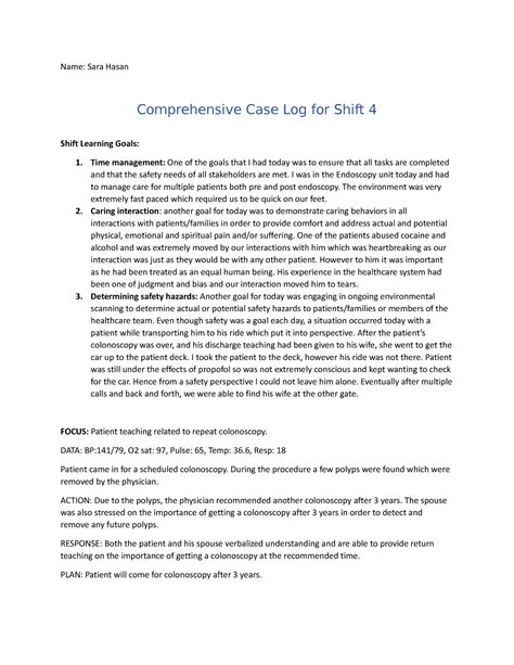 Case Log4 Case Log On Clinical Shift Name Sara Hasan Comprehensive