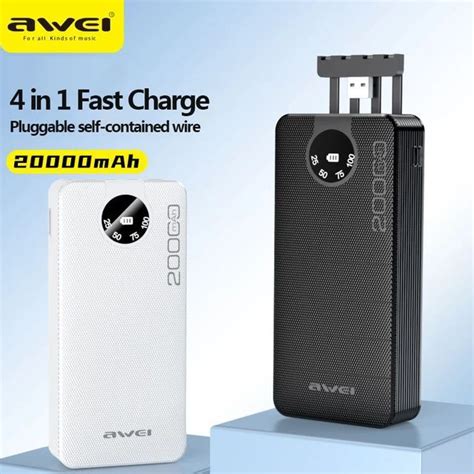 Awei P134k 4 In 1 Portable Power Bank 20000mah With Type C Lightning Micro Cable Powerbank For