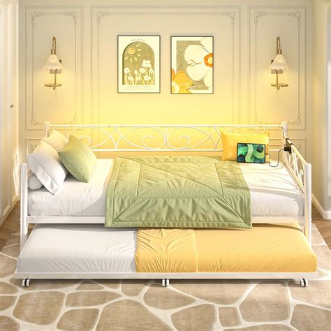 Daybed With Trundle Bed Twin Bed Frame With Charging Station And Led