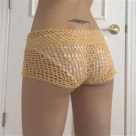 Yellow Mustard Mesh Knit Crochet Micro Cheeky Shorts Depop