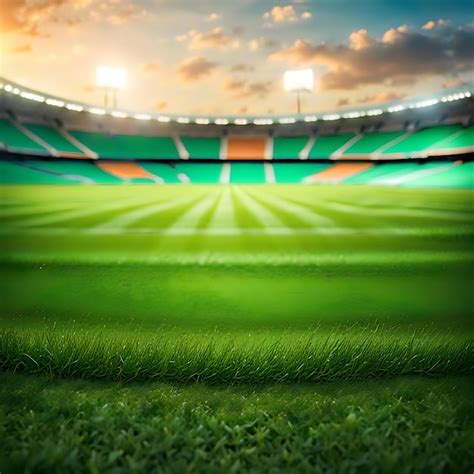 Closeup Of Empty Oval Stadium Field With Green Grass Premium Ai