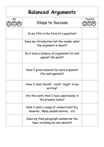 Balanced Argument Success Criteria Teaching Resources