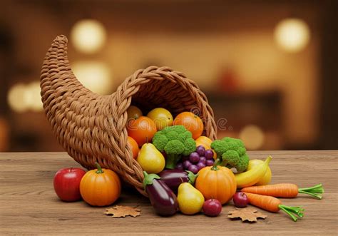 A Woven Cornucopia Symbolizing Abundance Overflows With A Variety Of Fruits And Stock