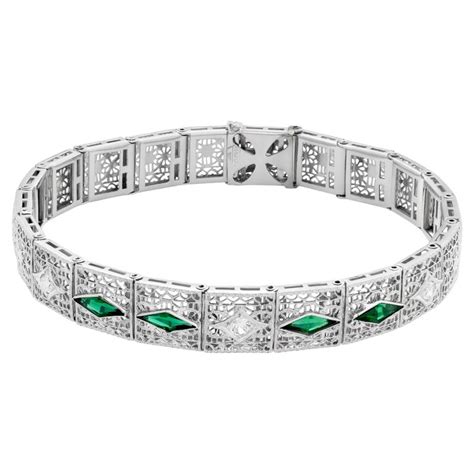 Emerald And Diamond Bracelet In 14k White Gold With Platinum Top For