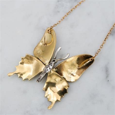 Antique 14k Gold Enamel And Diamond Butterfly Pendant N Gem