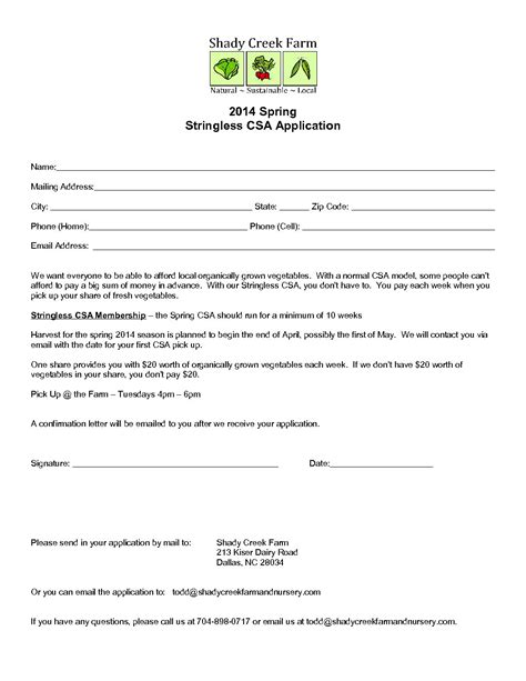 2014 Spring Csa Application Shady Creek Farm