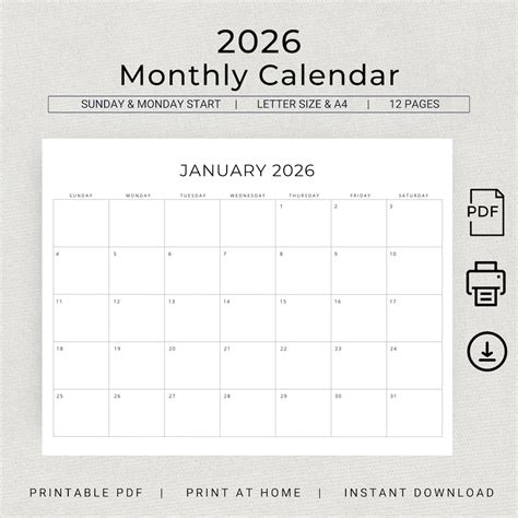 2026 Printable Calendar One Page Per Month