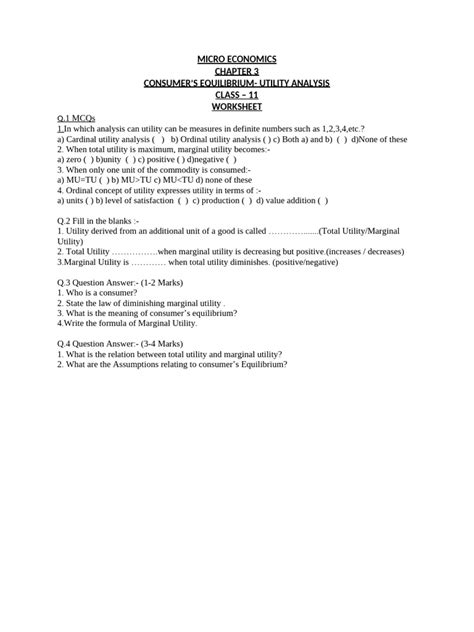 Consumer Equilibrium Utility Analysis Mcqs Pdf
